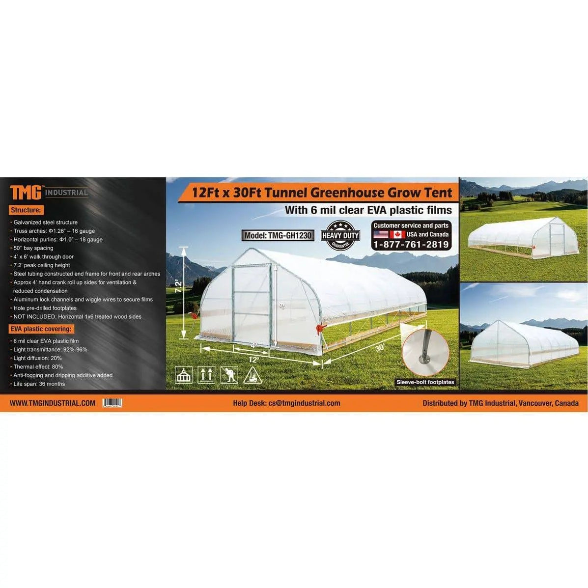 TMG 3.7 x 9 m Tunnel Greenhouse Tent with 6 Mil EVA Film Roll-Up Sides ...