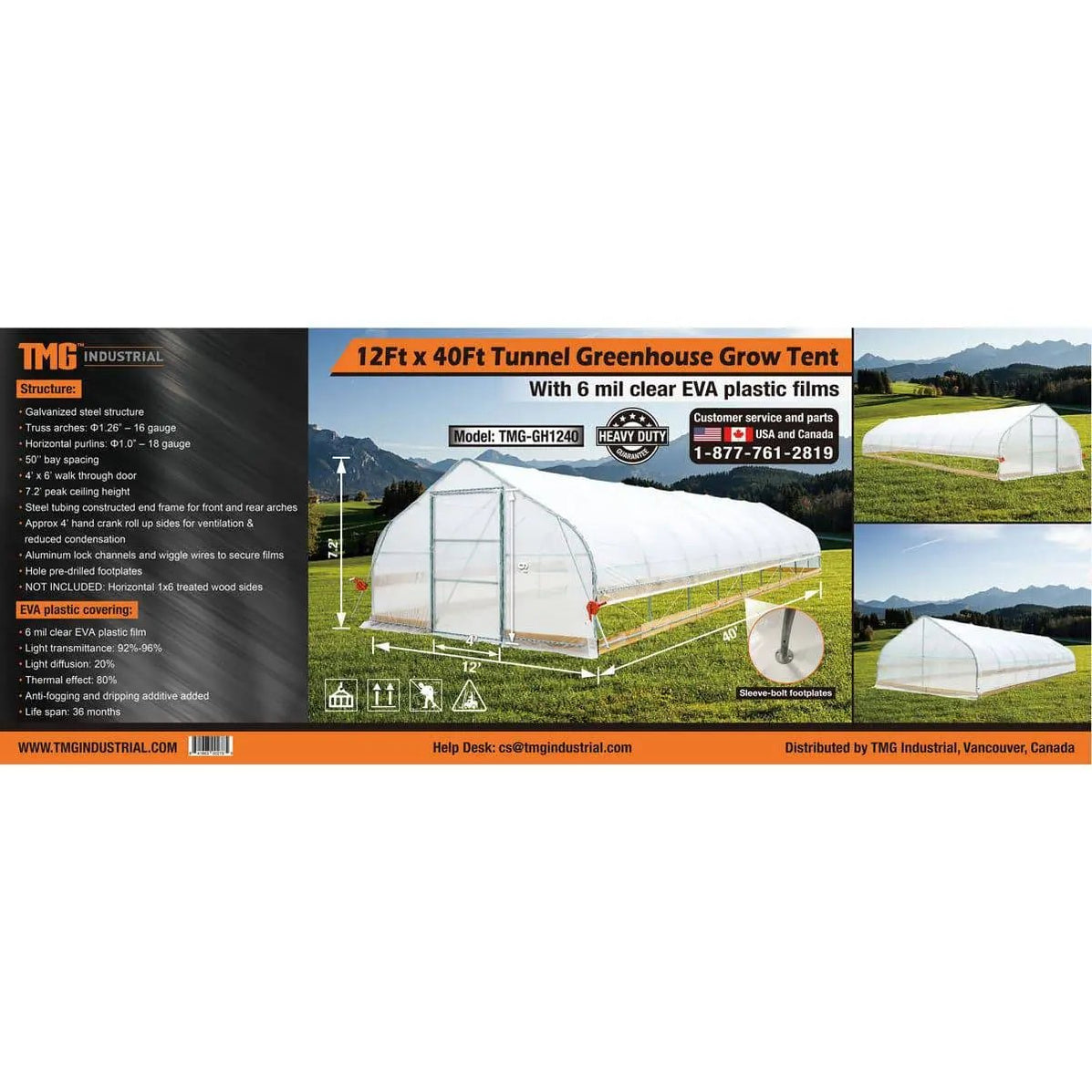 TMG 3.7 x 12 m Tunnel Greenhouse Tent with 6 Mil EVA Film, Roll-Up ...