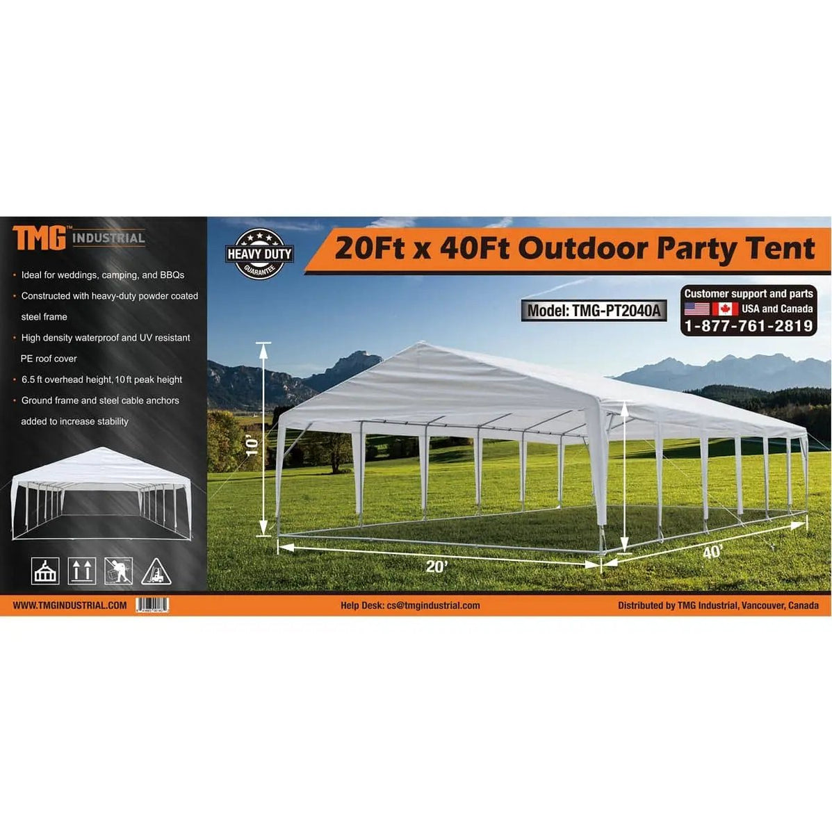 TMG 6 x 12 m Heavy-Duty Party Tent w/PE Fabric, 2.0 m Overhead Height ...