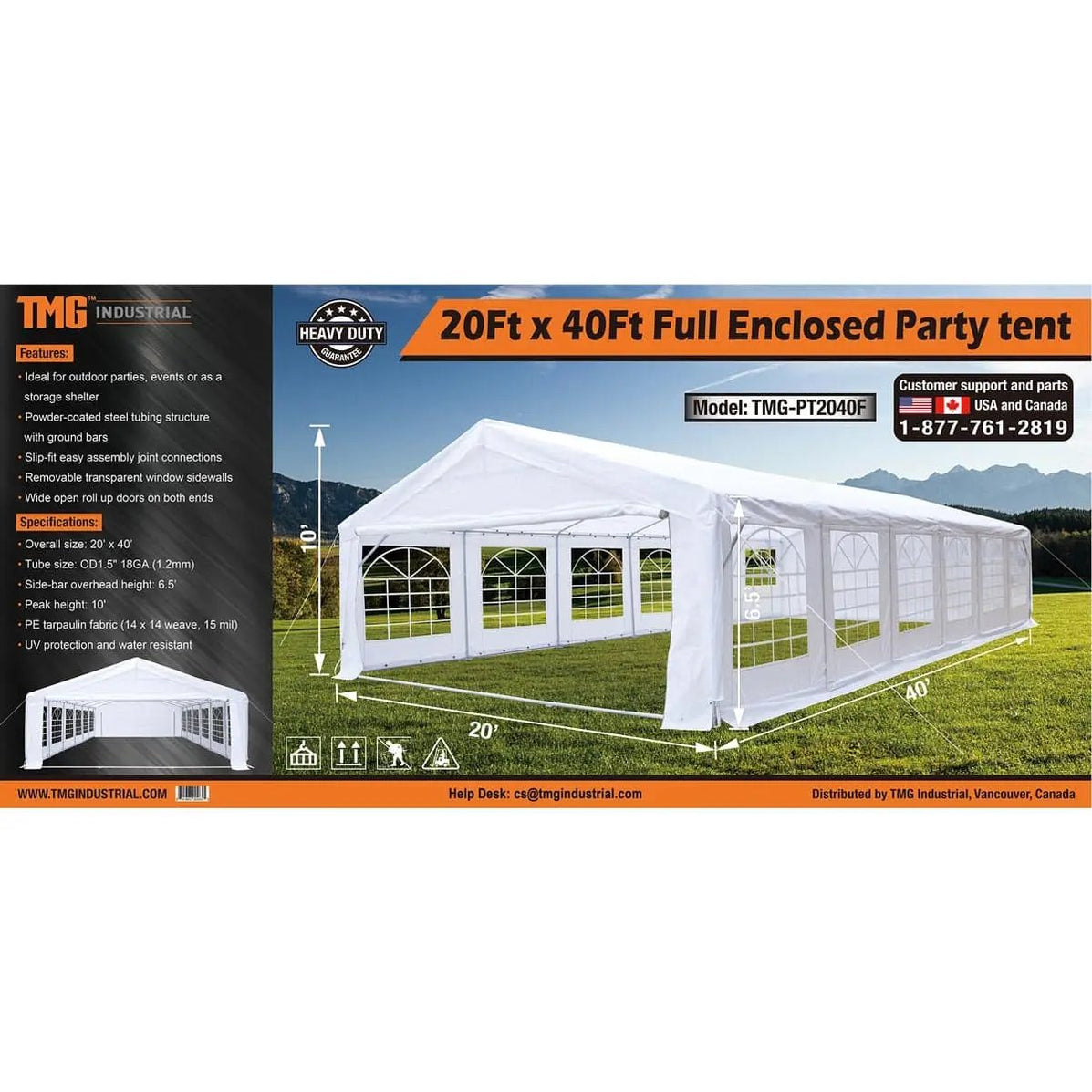 TMG 6 x 12 m Heavy-Duty Party Tent w/Sidewalls & Roll-Up Doors, PE ...