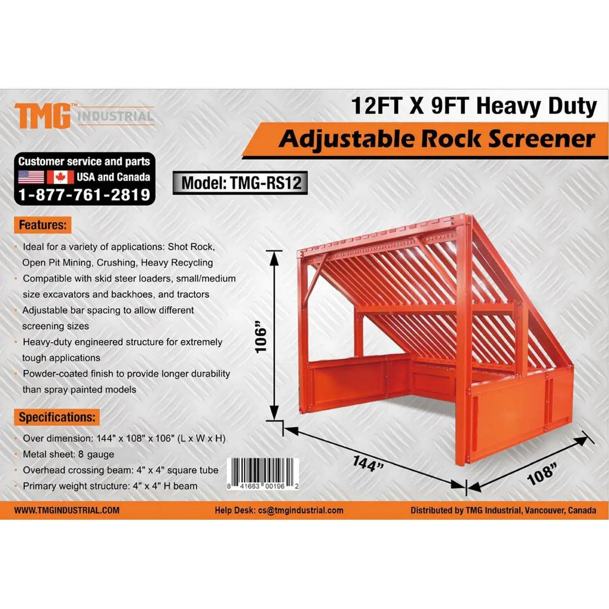 TMG 3.6 x 2.7 m Heavy-Duty Grizzly Rock Screen w/Adj Bars, 2200 kg ...