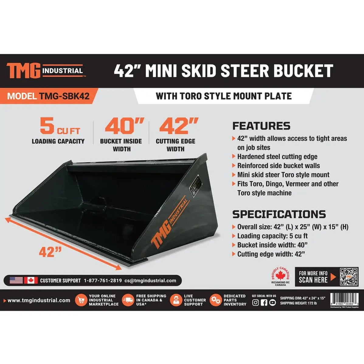 TMG 1070 mm (42") Mini Skid Steer Bucket, Toro Mount, 0.14 m³ Capacity ...